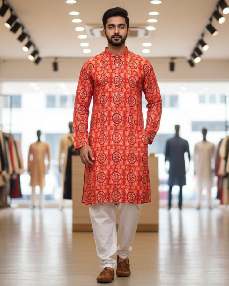 Rust Konark Chakra Ikat Men's Pure Cotton Handloom Kurta Set – Odisha