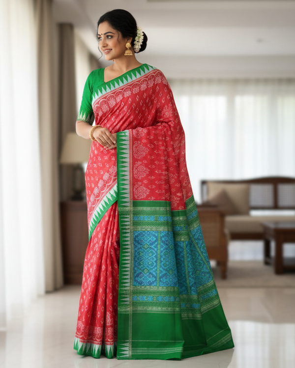 Red Green Leaf Ek Chandia Sambalpuri Silk Saree