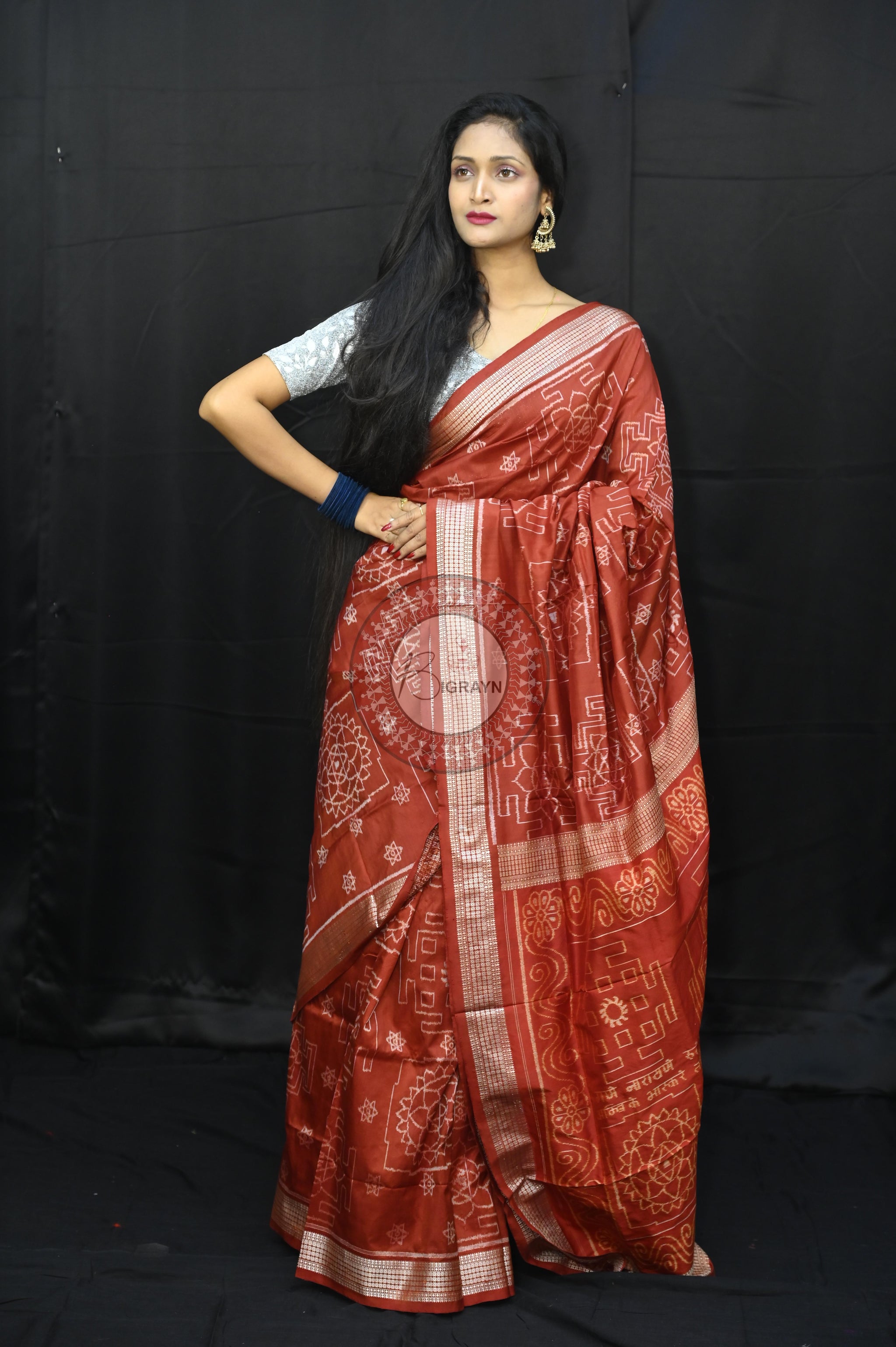 Maroon White Laxmi Yantra Design Natural Dye Sambalpuri Silk Saree