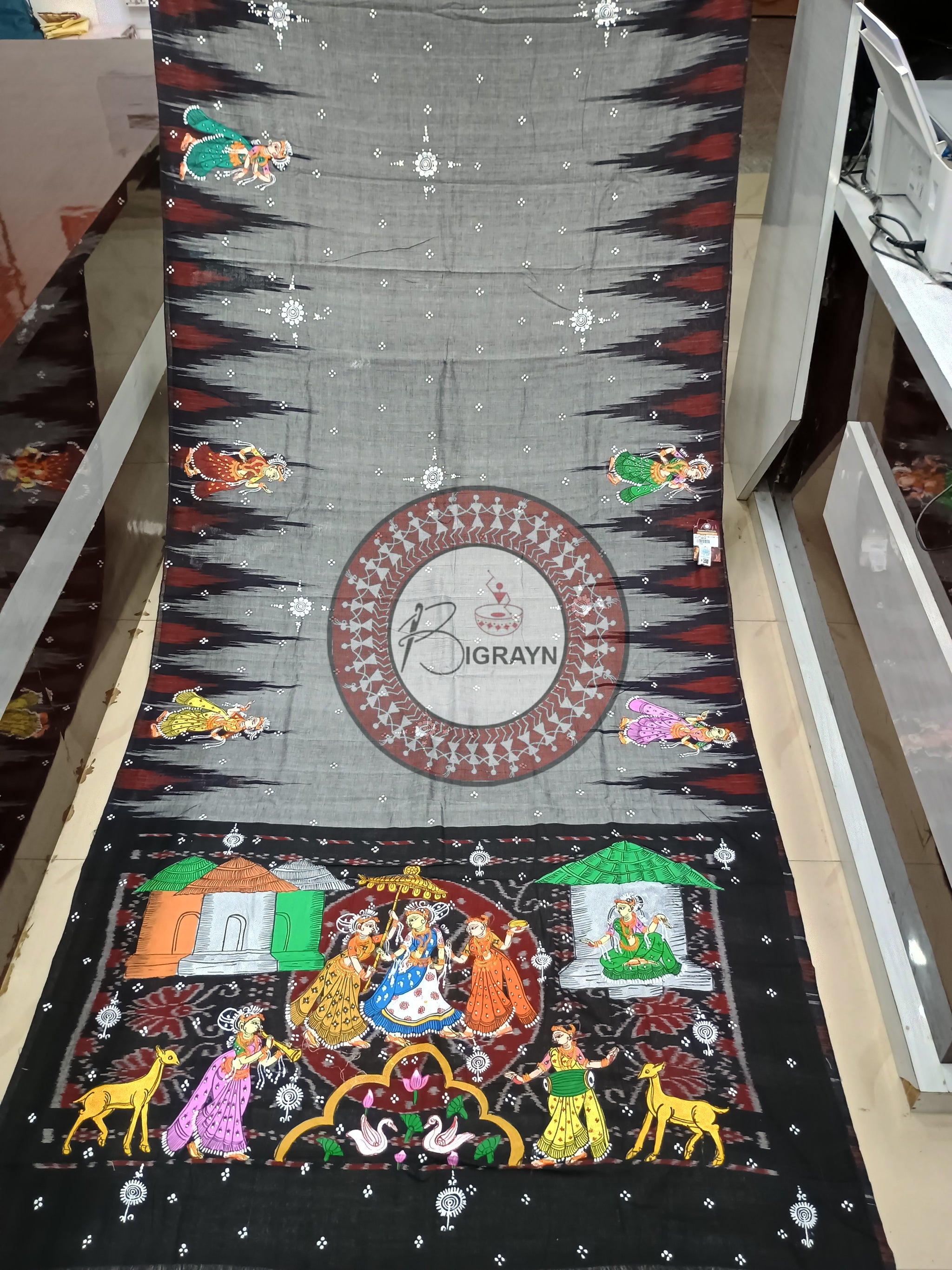 Grey Village Theme Pattachitra Cotton Saree