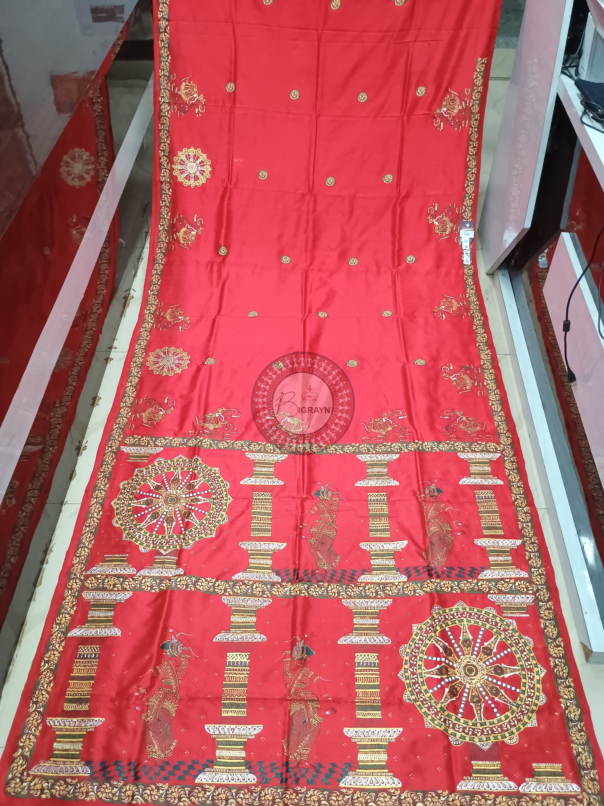 Red Konark Chakra And Dancer Theme Pattachitra Sambalpuri Silk Saree