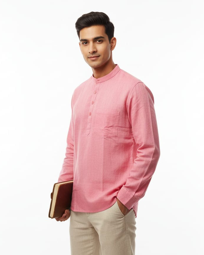 Pastel Pink Odisha Handloom Plain Men Half Kurta