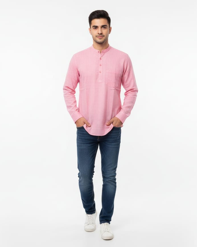 Pastel Pink Odisha Handloom Plain Men Half Kurta